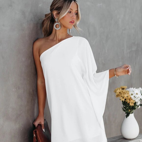 Vici | Dresses | Vici Ivory Crepe Swing Side To Side Oneshoulder Lined ...